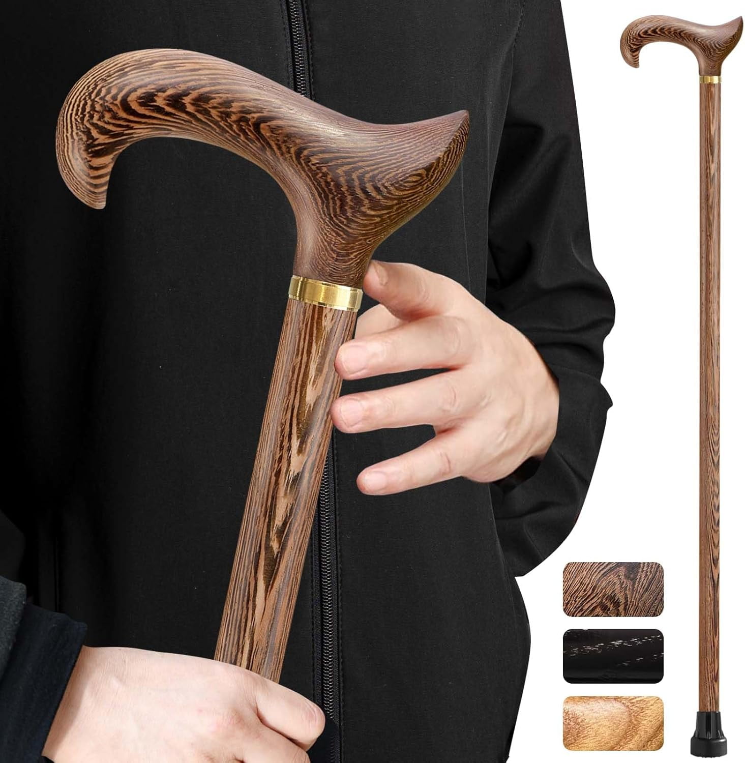 Wooden Walking Cane for Men and Women -Natural Solid Wood, 3 Rubber ...