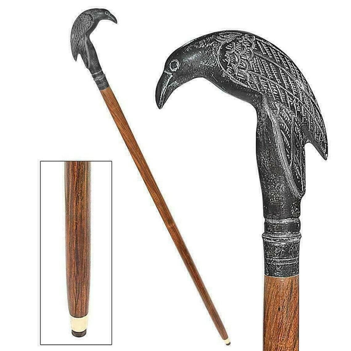 Wooden Walking Stick Antique Solid Brass Crow Head Handle Vintage Canes ...