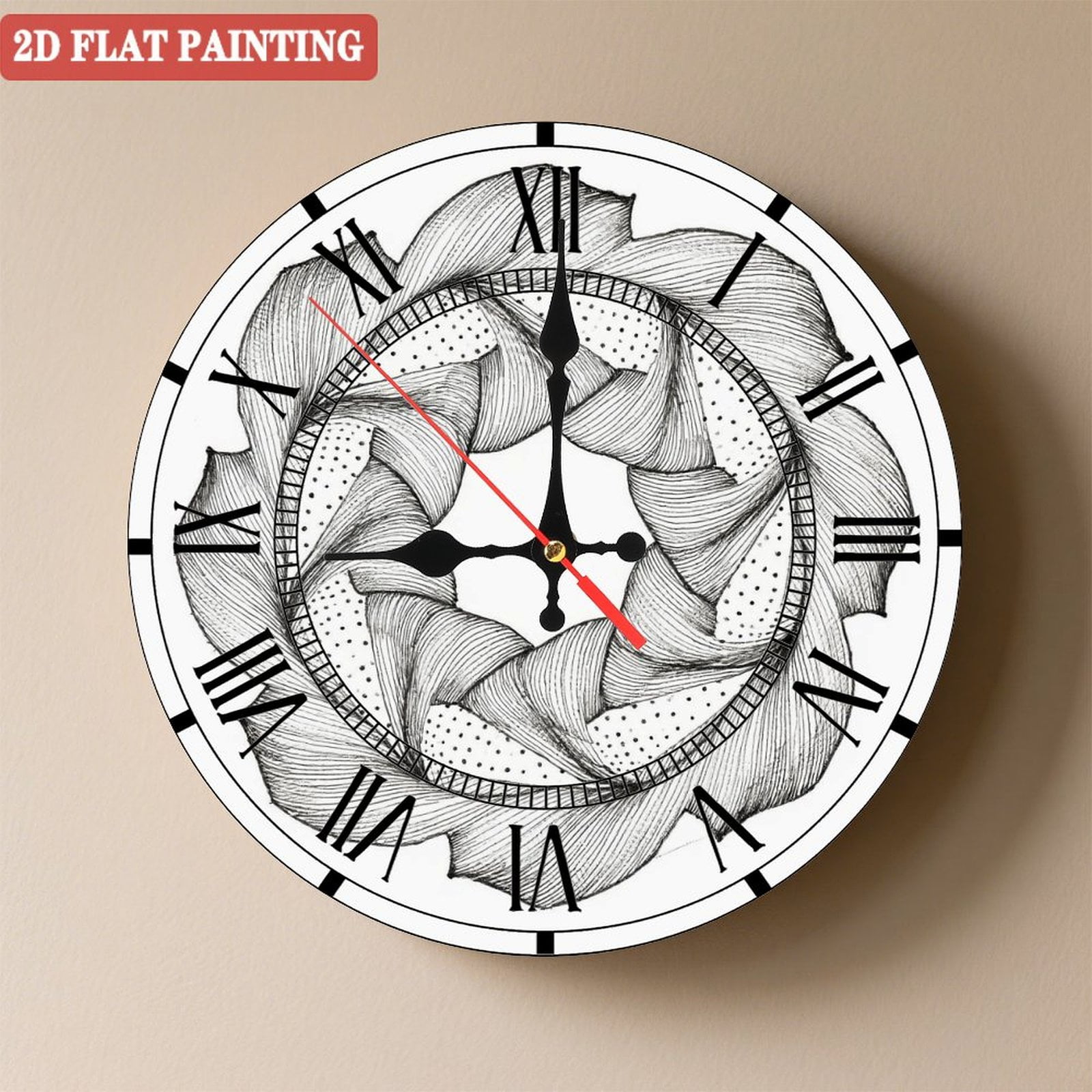 Wooden Wall Clock with Black and White Swirl Line Texture Pattern ...