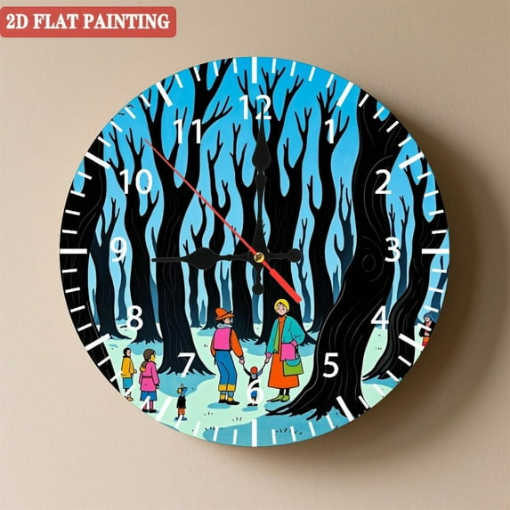 Wooden Wall Clock with Blue-Black Forest & Family Stroll Pattern ...