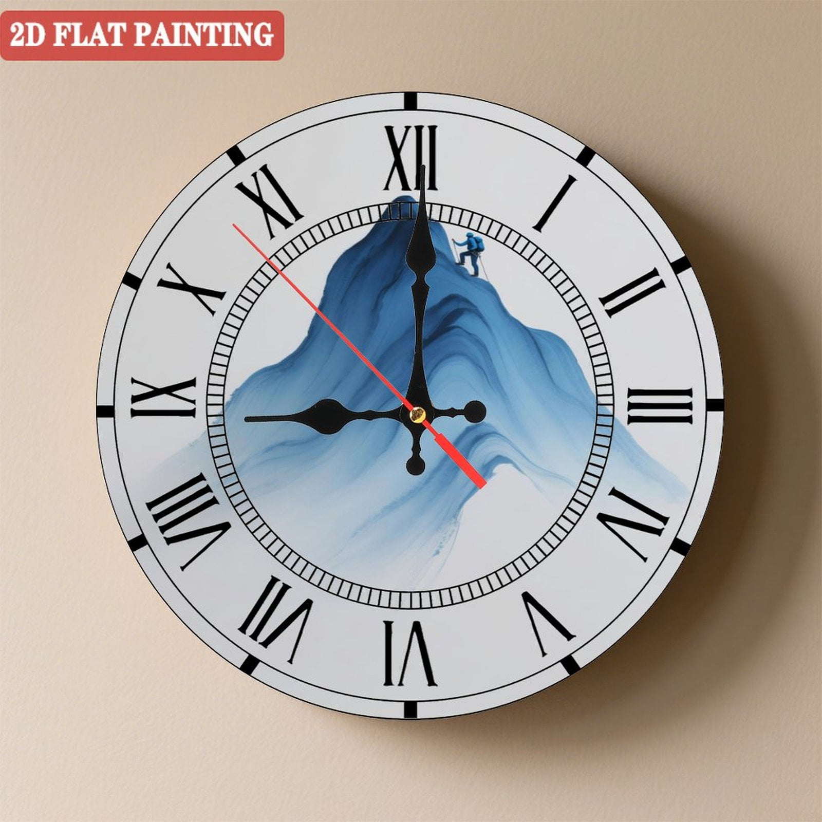 Wooden Wall Clock with Blue Mountain Climbing Scene, Silent Movement ...