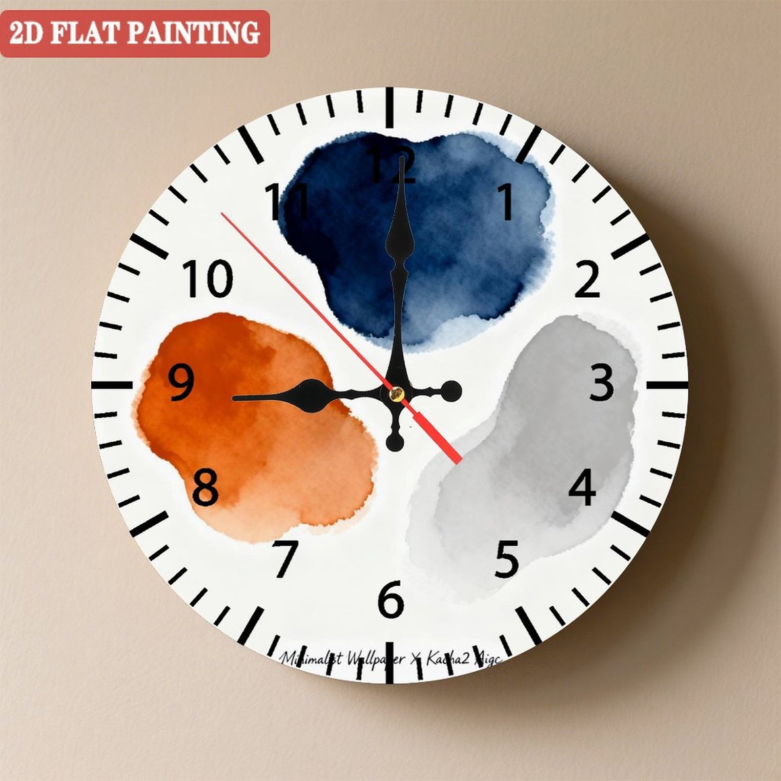 Wooden Wall Clock with Blue-Orange-Gray Watercolor Wash Pattern, Silent ...