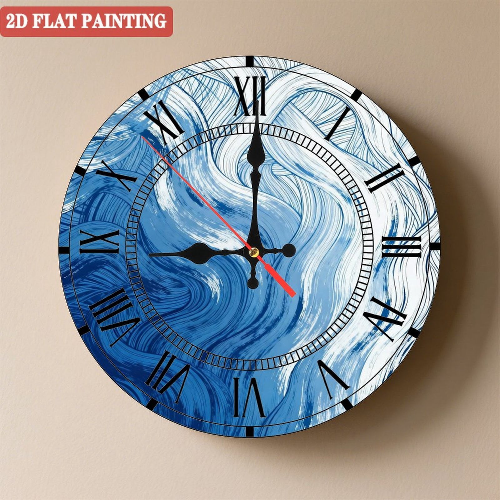 Wooden Wall Clock with Blue & White Swirl Fluid Art Texture, Silent ...
