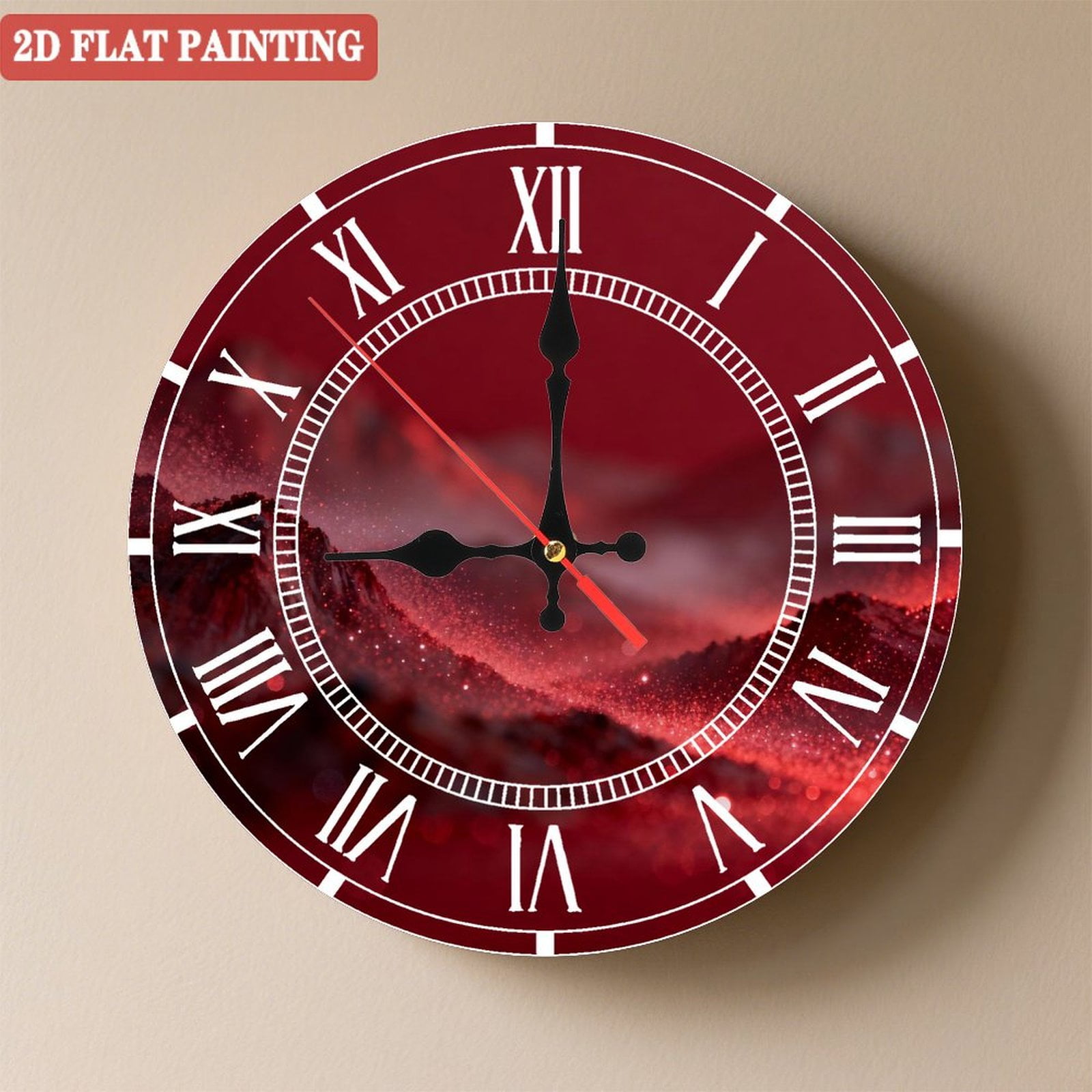 Wooden Wall Clock with Burgundy Nebula Texture Pattern, Silent Movement ...