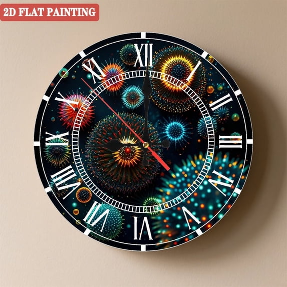 Wooden Wall Clock with Colorful Fireworks Pattern, Silent Movement ...