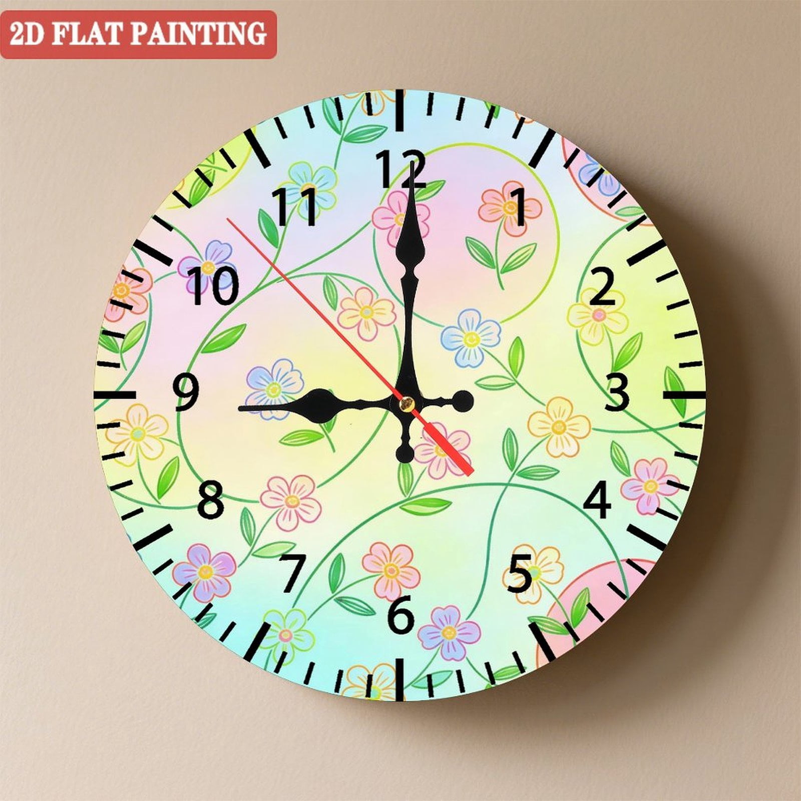 Wooden Wall Clock with Colorful Small Flowers & Green Vines Pattern ...