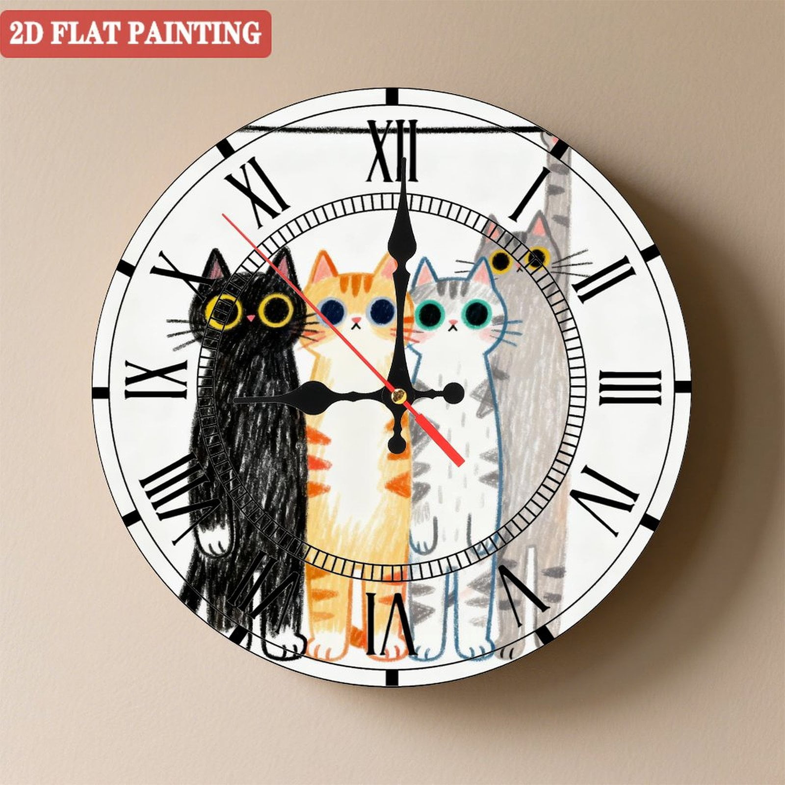 Wooden Wall Clock with Cute Cartoon Cats Pattern, Silent Movement ...
