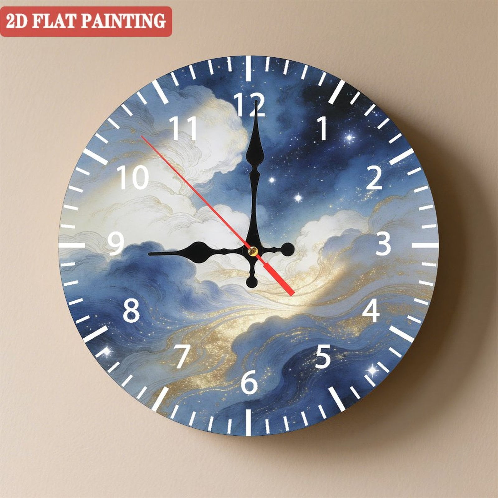 Wooden Wall Clock with Deep Blue & Gold Starry Sky Cloud Sea Pattern ...