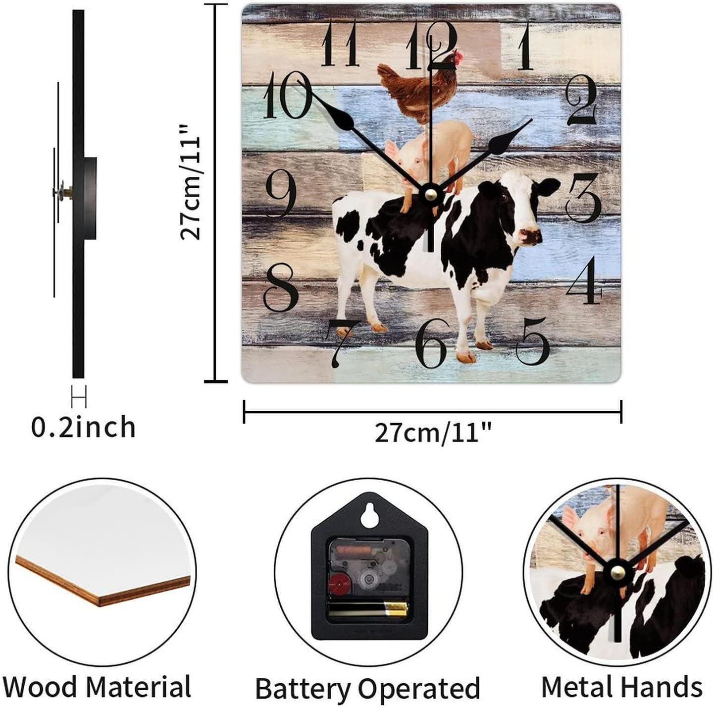 Wooden Wall Clock Farm Animal Cow Pig And Chicken 10 Inch Old Fashioned ...