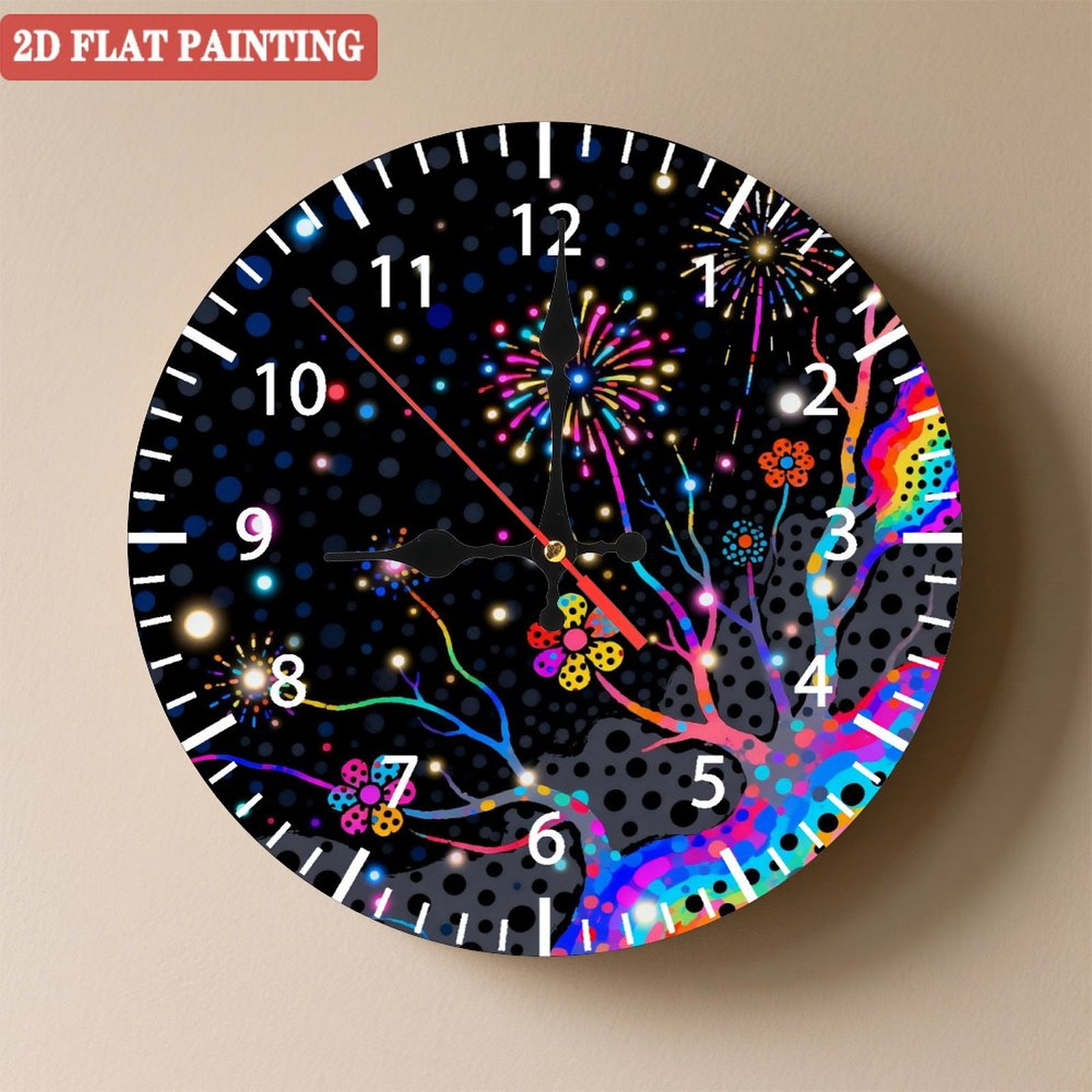 Wooden Wall Clock with Fireworks & Fantasy Tree Pattern, Silent ...
