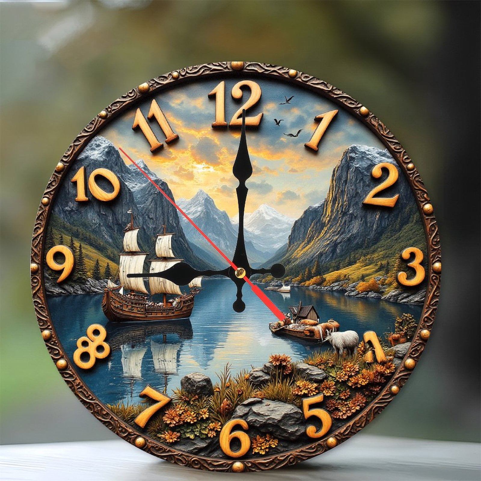 Wooden Wall Clock Fjord Landscape Sailing Ship 10-Inch Silent Wooden ...