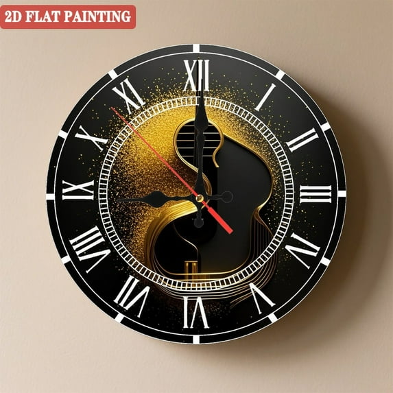 Wooden Wall Clock with Golden Particle Violin Pattern, Silent Movement ...