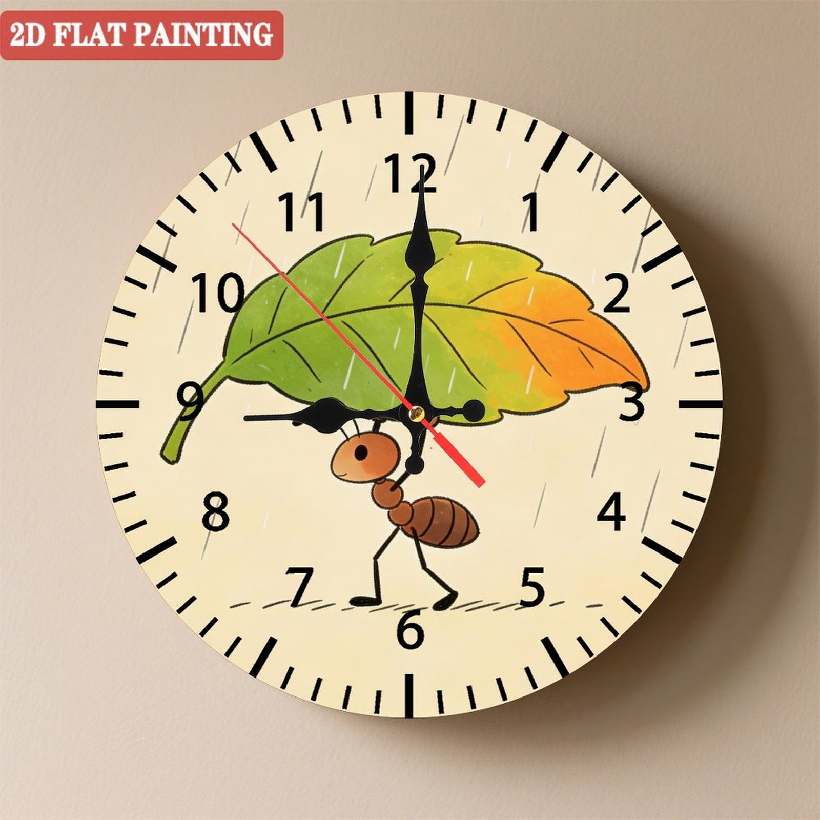 Wooden Wall Clock with Green Leaf & Ant Pattern, Silent Movement ...