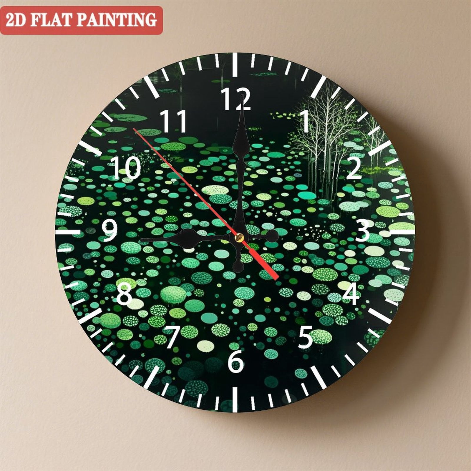 Wooden Wall Clock with Green Lotus Pond & Lily Pad, Silent Movement ...