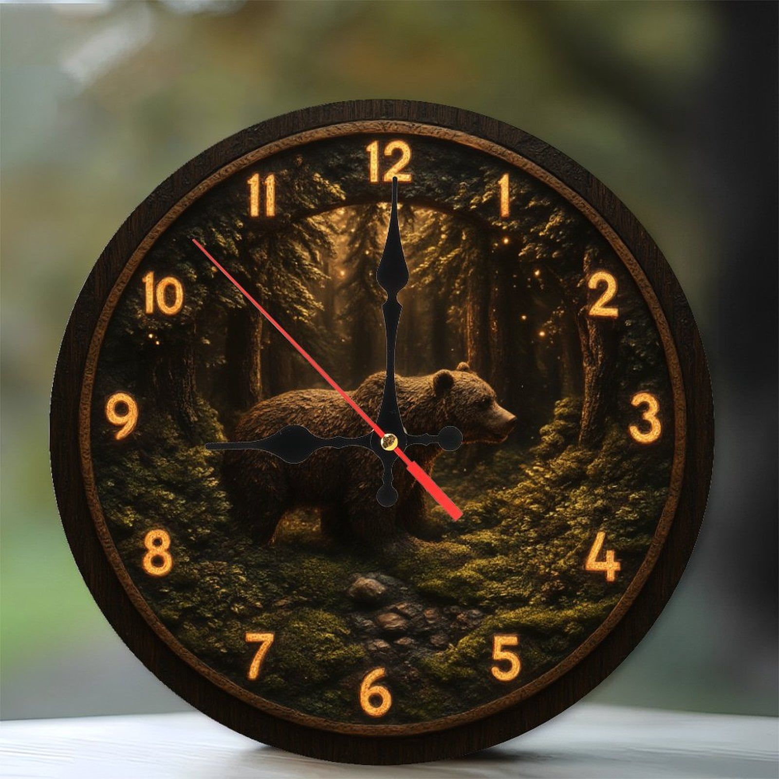 Wooden Wall Clock Grizzly Bear Forest Decor Home Office 10-Inch Silent ...