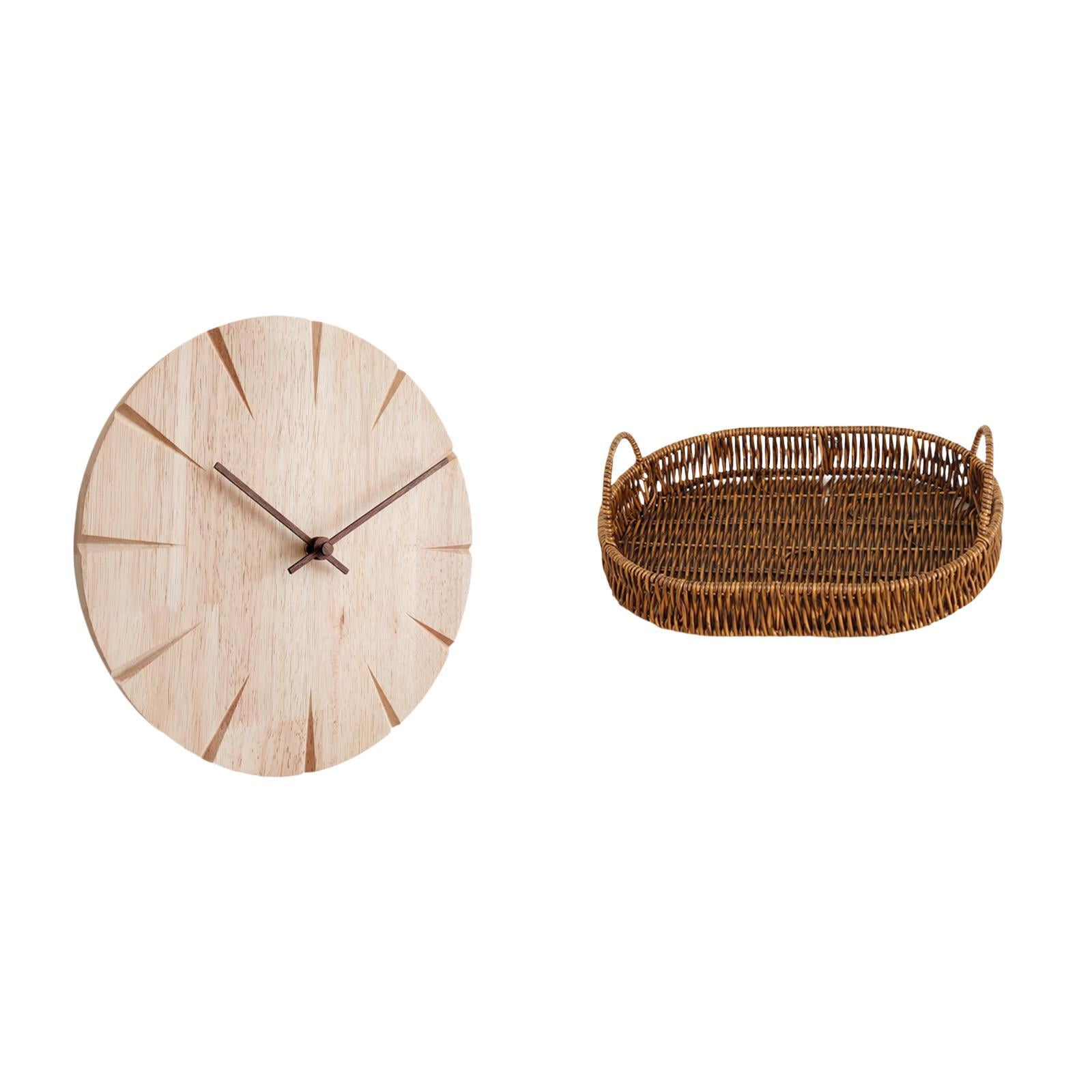 Wooden Wall Clock Handwoven Rattan Serving Tray Round Wall Clock Silent ...