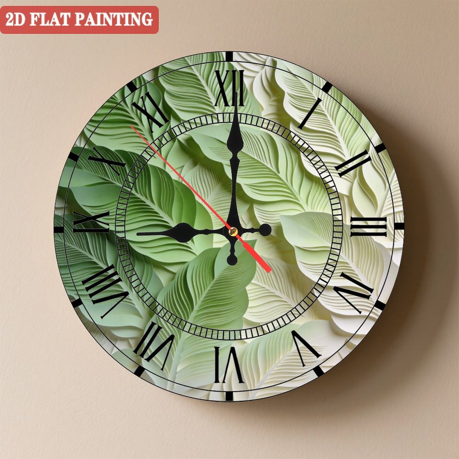 Wooden Wall Clock with Light & Dark Green Feather Texture, Silent ...