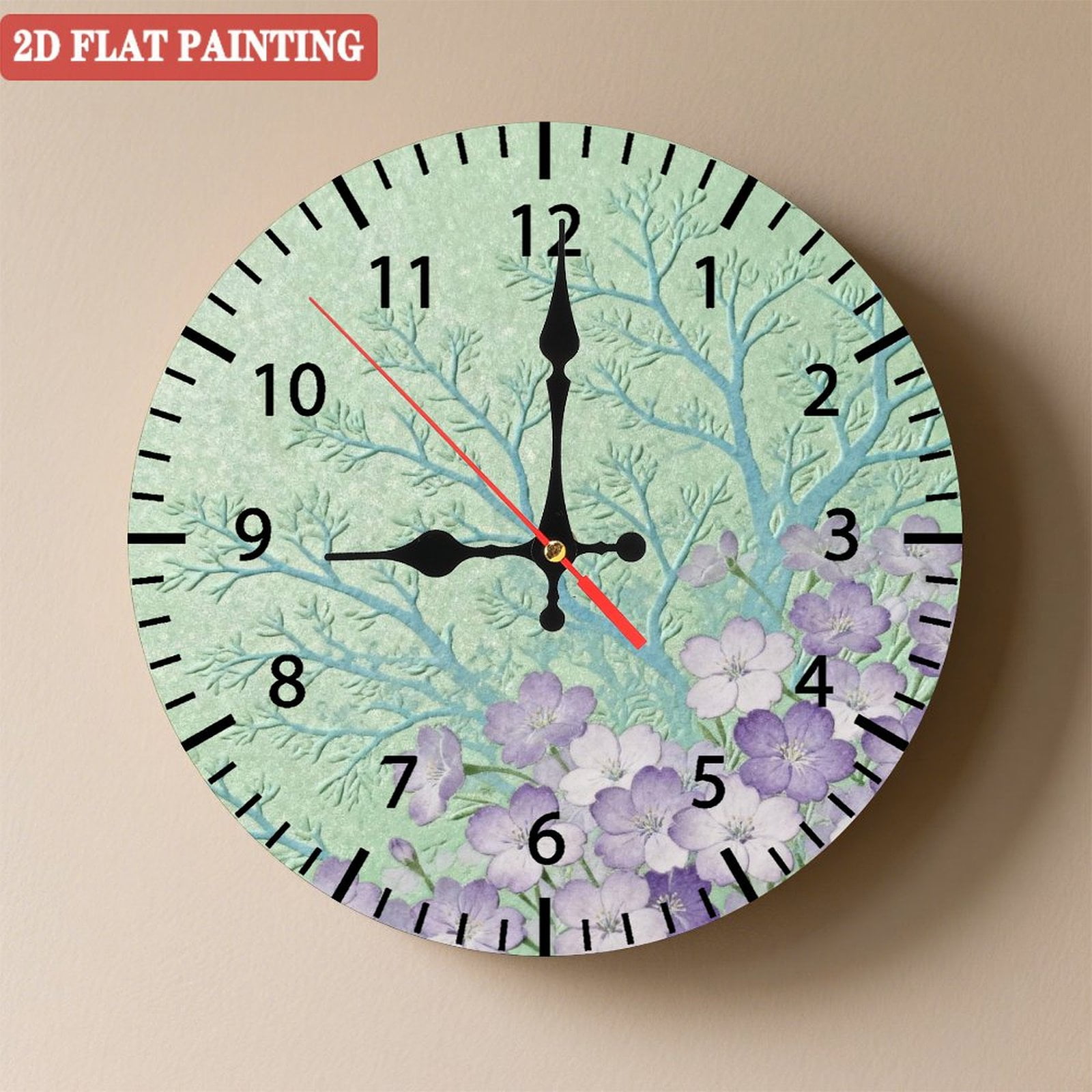 Wooden Wall Clock with Light Green & Purple Floral Tree Pattern, Silent ...