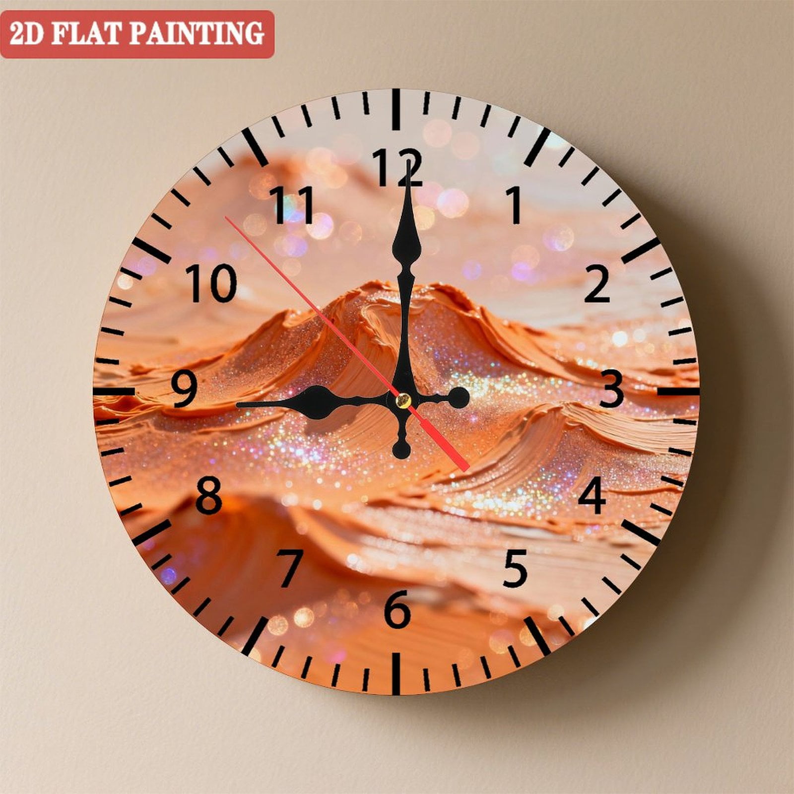 Wooden Wall Clock with Orange Sparkling Swirl Texture, Silent Movement ...