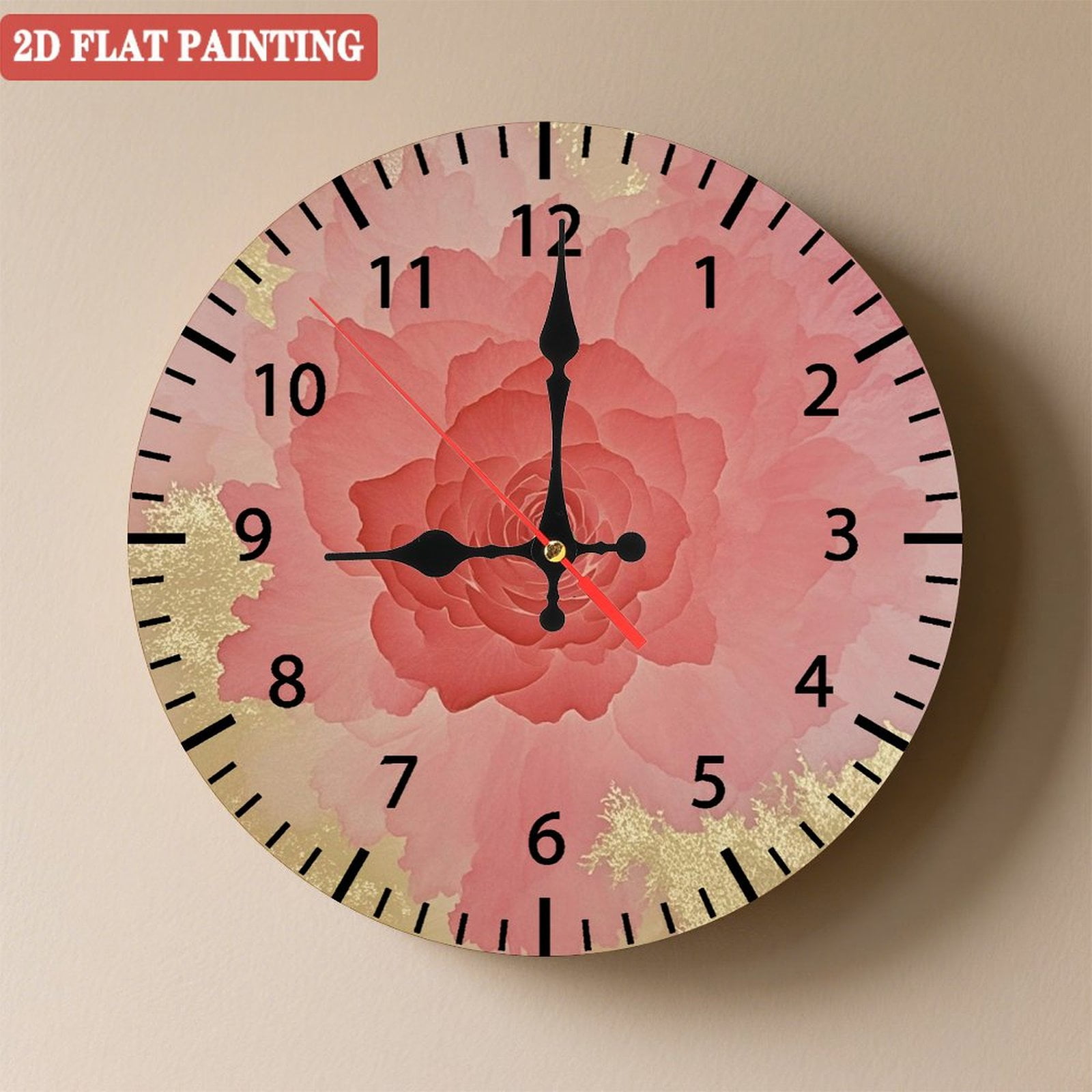 Wooden Wall Clock with Pink Rose with Gold Design Arabic Numerals for ...