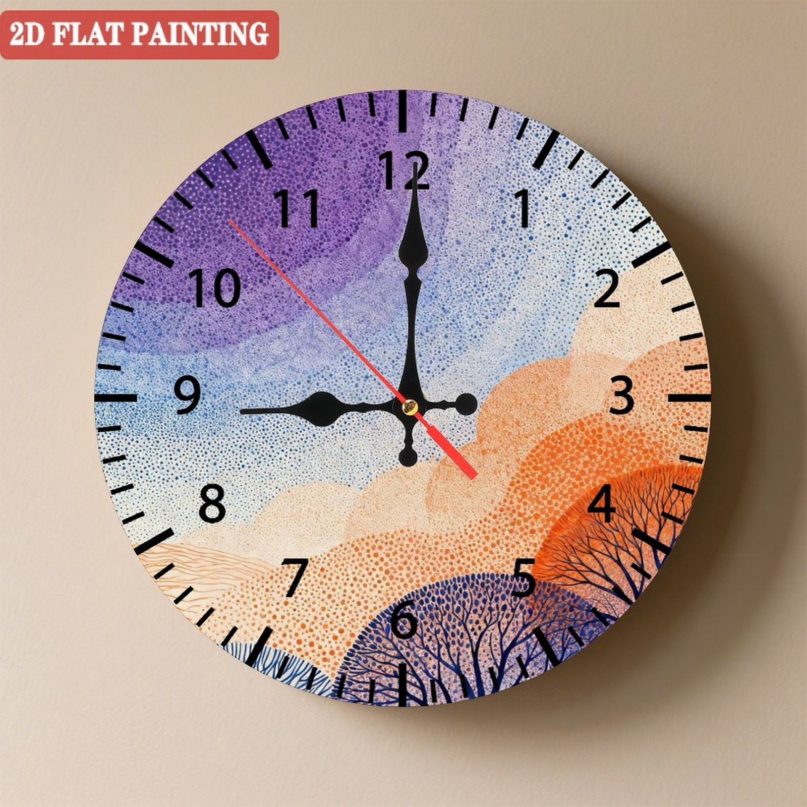 Wooden Wall Clock with Pointillism Style Sunset Landscape, Silent ...