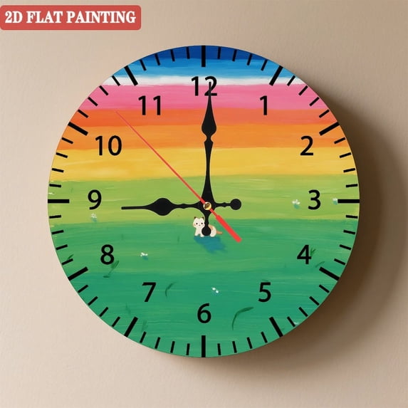 Wooden Wall Clock with Rainbow Gradient Stripe Pattern, Silent Movement ...