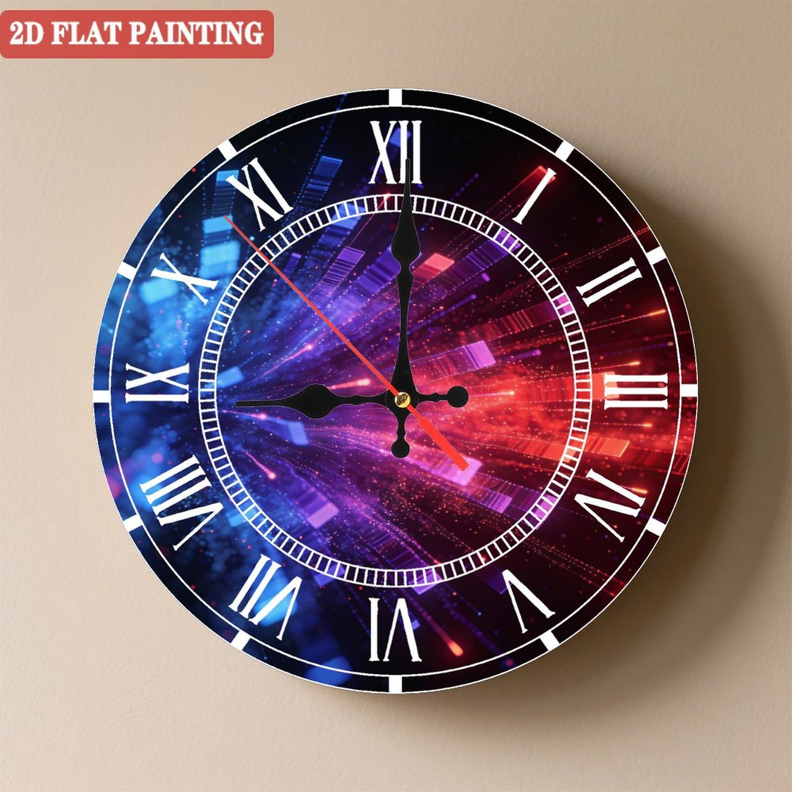Wooden Wall Clock with Red-Blue-Purple Cyberpunk Light Fragment Pattern ...