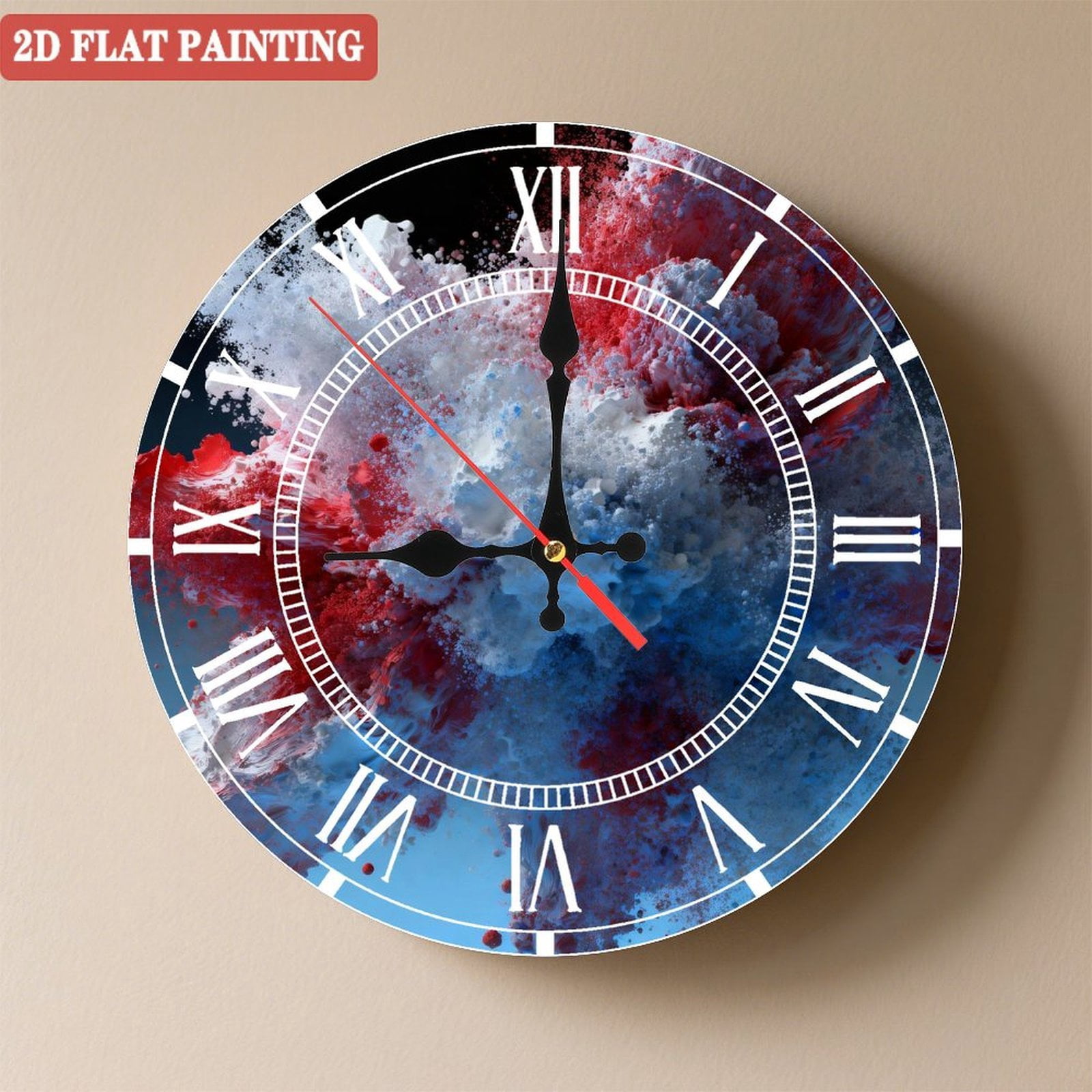 Wooden Wall Clock with Red & Blue Watercolor Nebula Texture, Silent ...