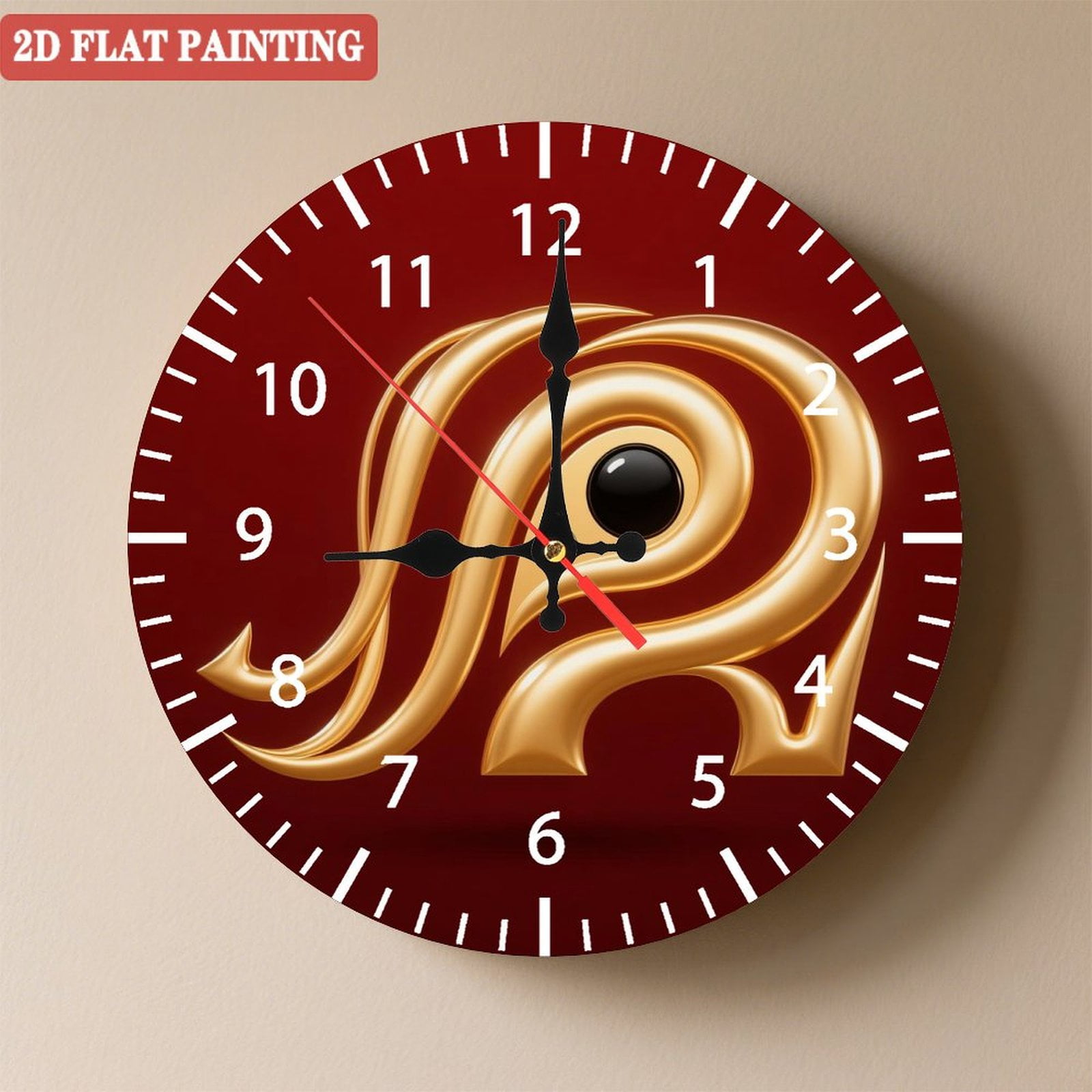 Wooden Wall Clock with Red-Gold Swirl Texture Pattern, Silent Movement ...