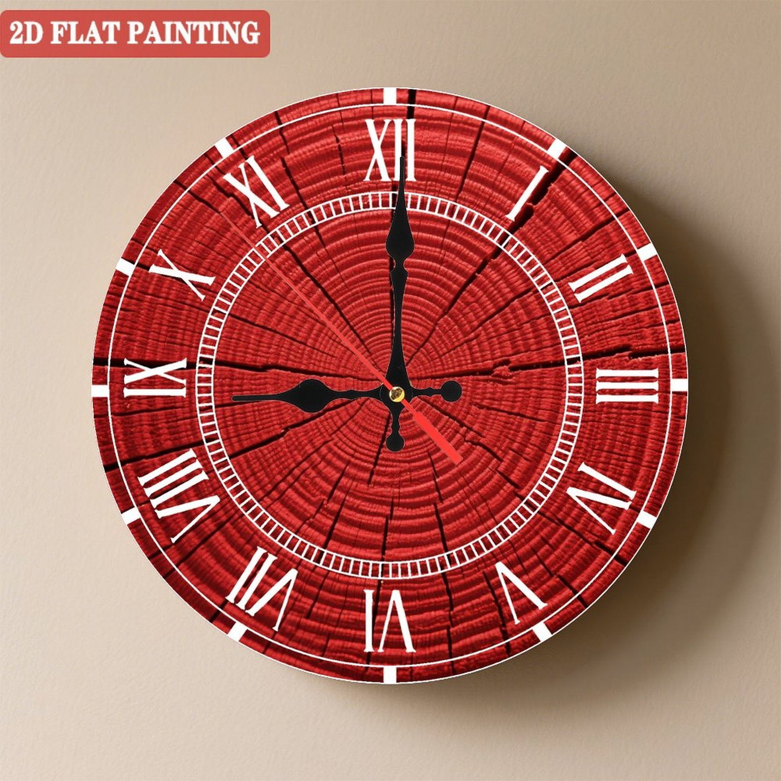 Wooden Wall Clock with Red Wood Cross-Section Grain Pattern, Silent Movement, Battery Operated ...