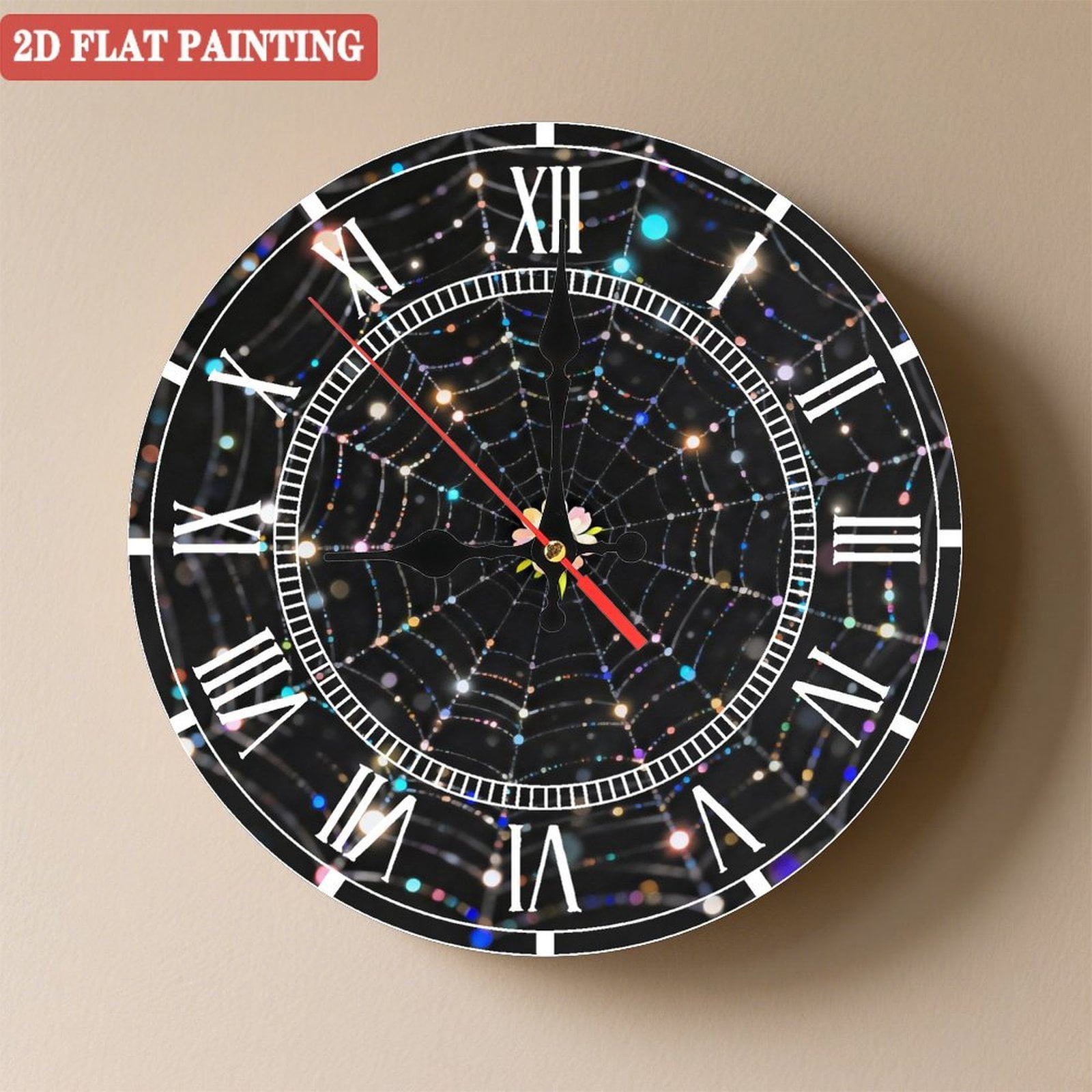 Wooden Wall Clock with Spider Web & Small Flower Pattern, Silent ...