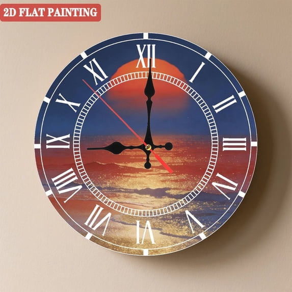 Wooden Wall Clock with Sunset Beach Landscape Pattern, Silent Movement, Battery Operated (AA ...