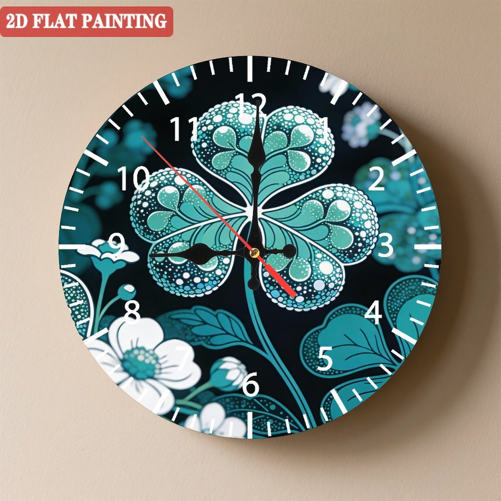 Wooden Wall Clock with Teal Four-Leaf Clover & Floral Pattern, Silent ...