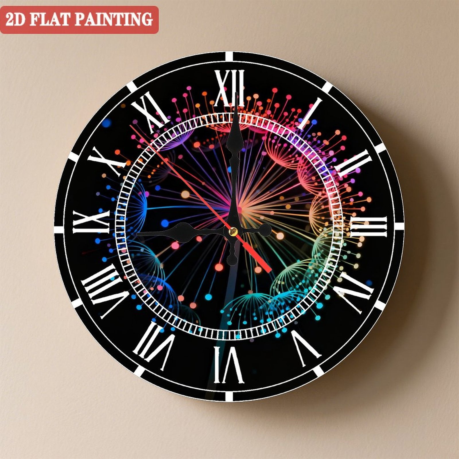 Wooden Wall Clock with Vibrant Colorful Firework Particle Pattern ...