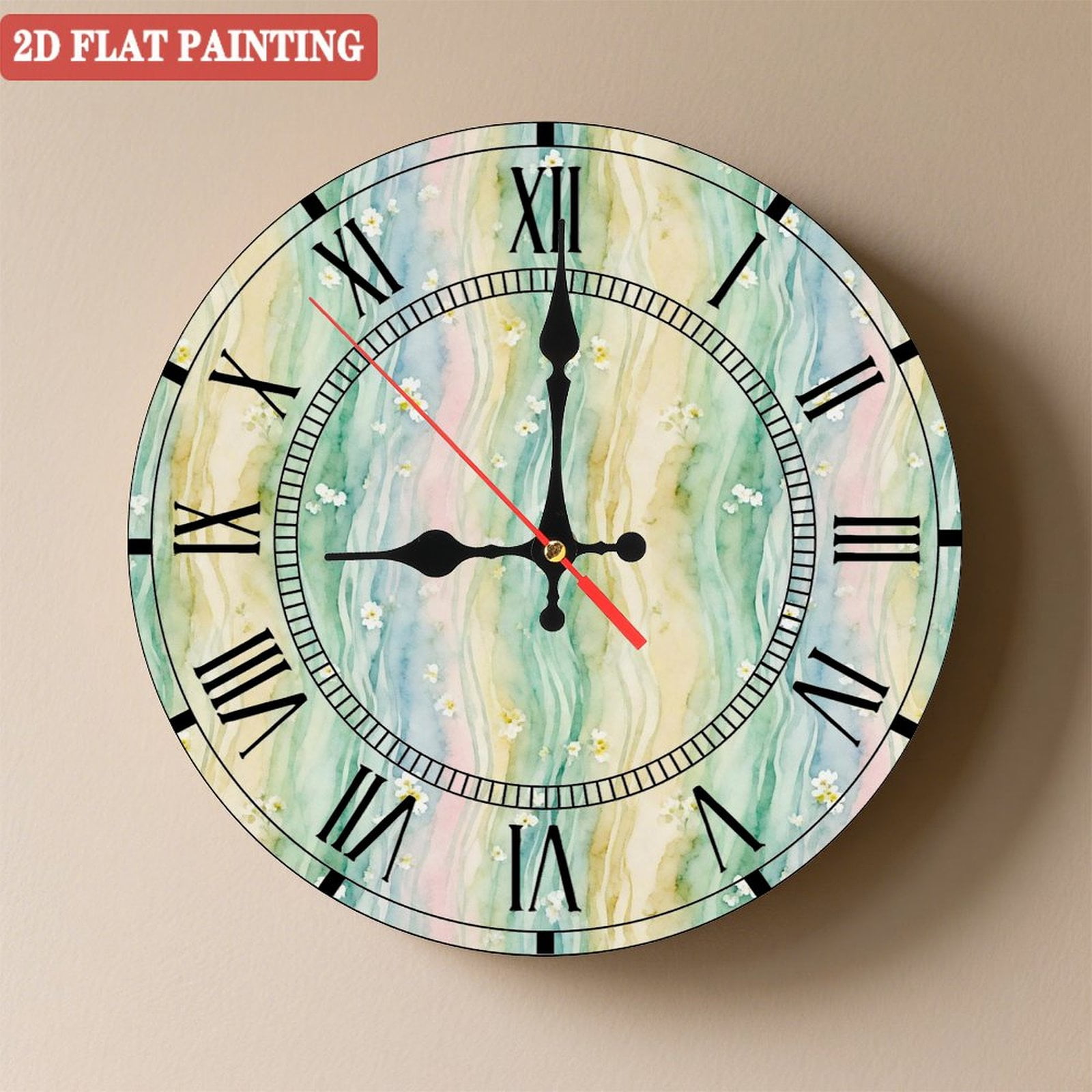 Wooden Wall Clock with Watercolor Gradient Texture & Small Flowers ...
