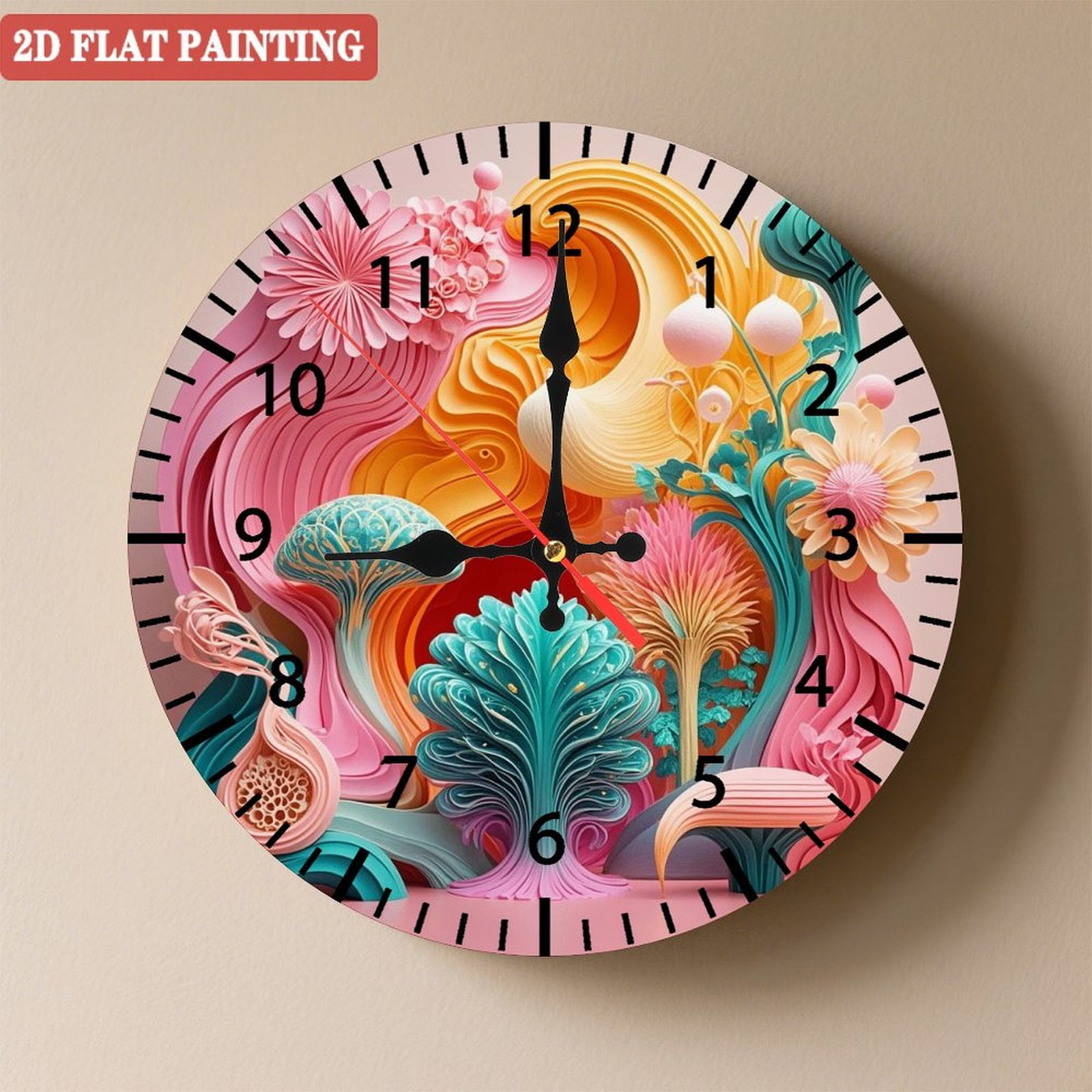 Wooden Wall Clock with Whimsical Floral & Plant Texture, Silent ...