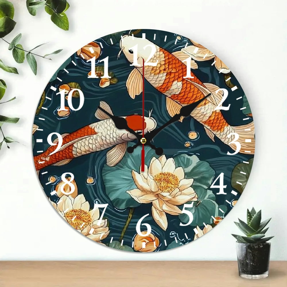 Wooden Wall Clock, koi fish water lilies cloisonnism Print, Silent ...