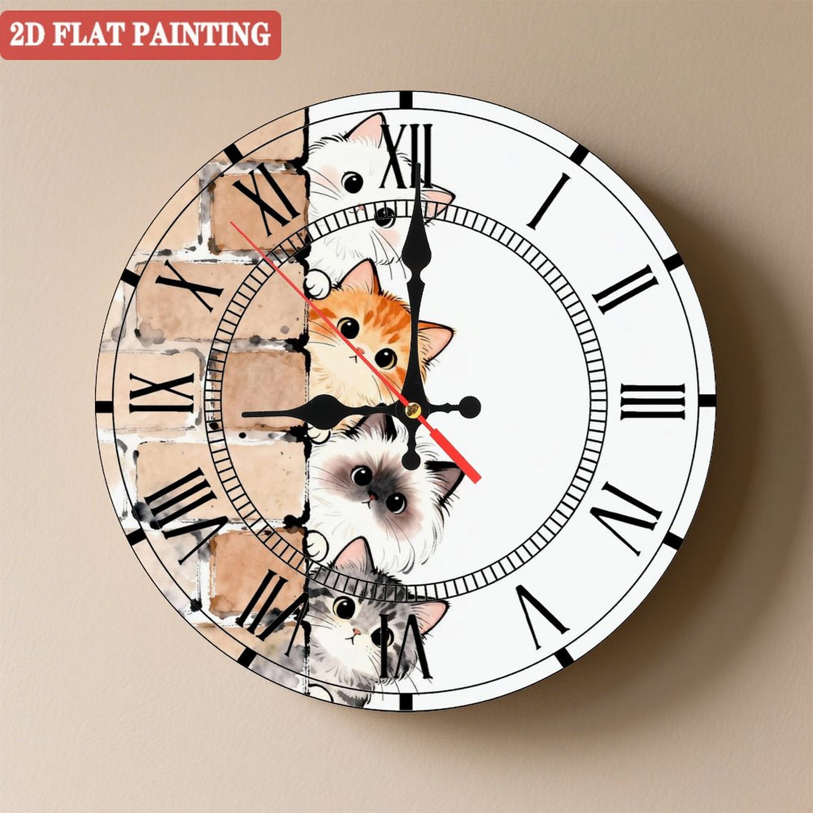 Wooden Wall Clock with ute Multi-Cats Peeking from Brick Wall Pattern ...