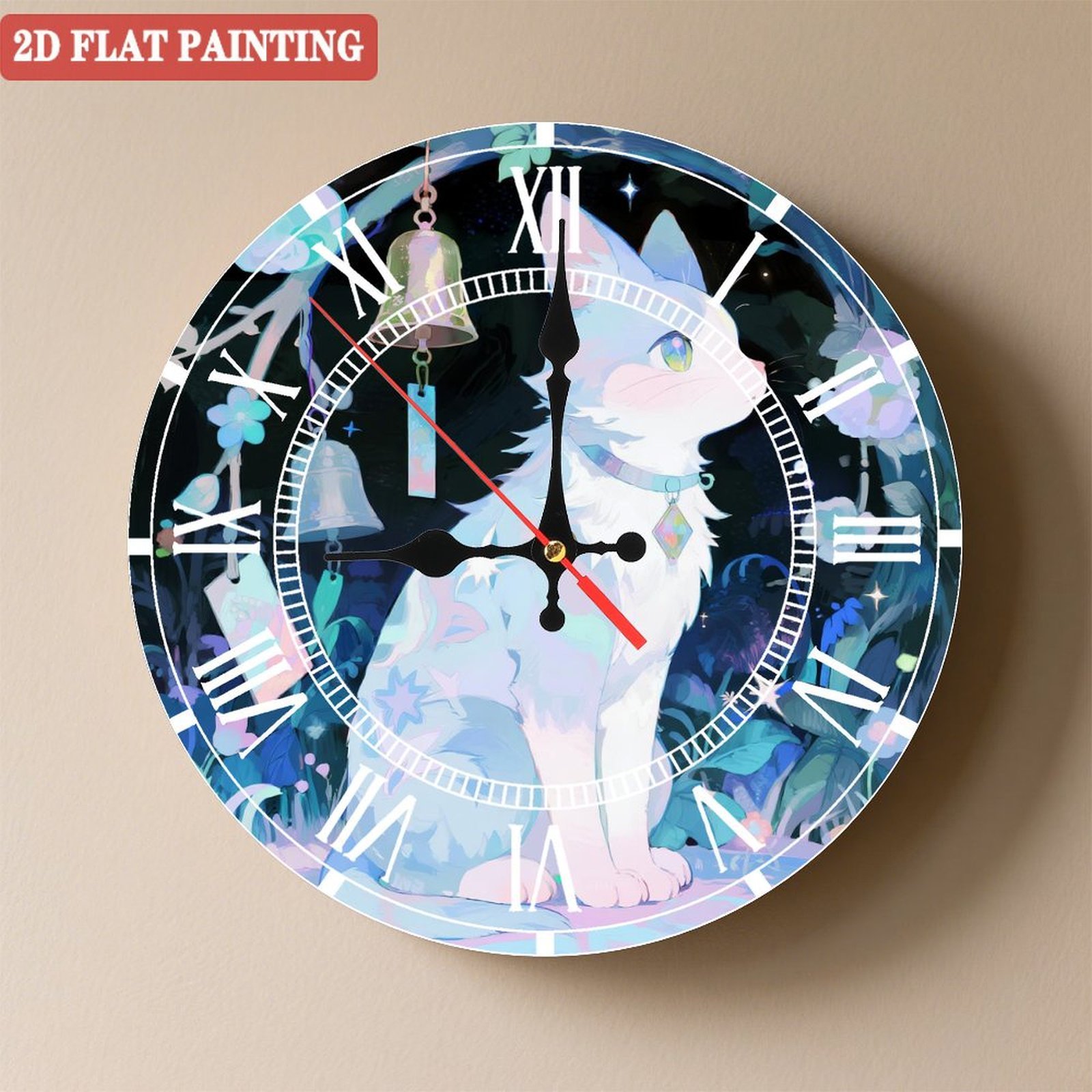 Wooden Wall Clock with Dreamy Cat with Bells, Silent Movement, Battery ...