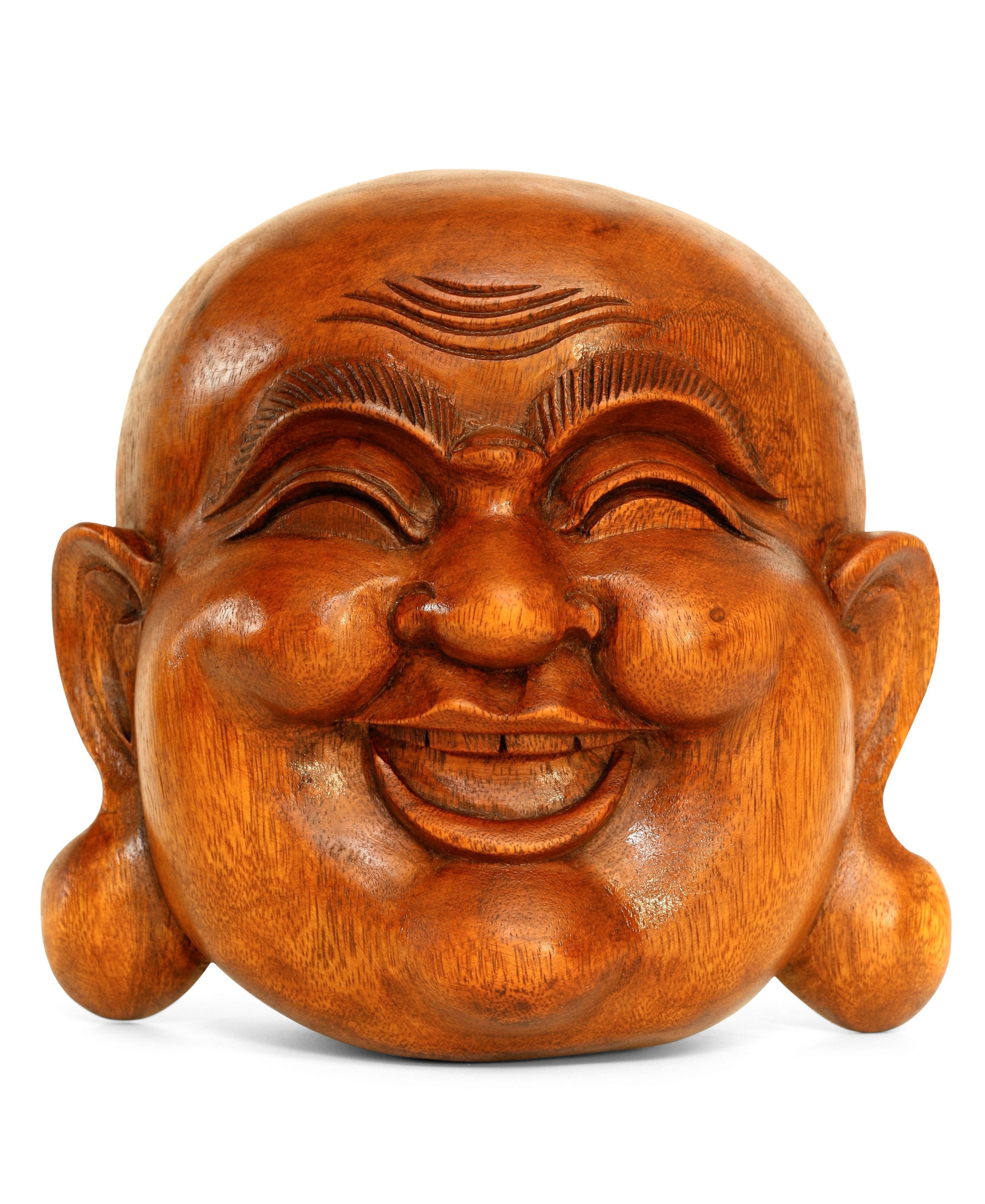 Wooden Wall Mask Laughing Smiling Happy Buddha Head Statue Hand Carved ...