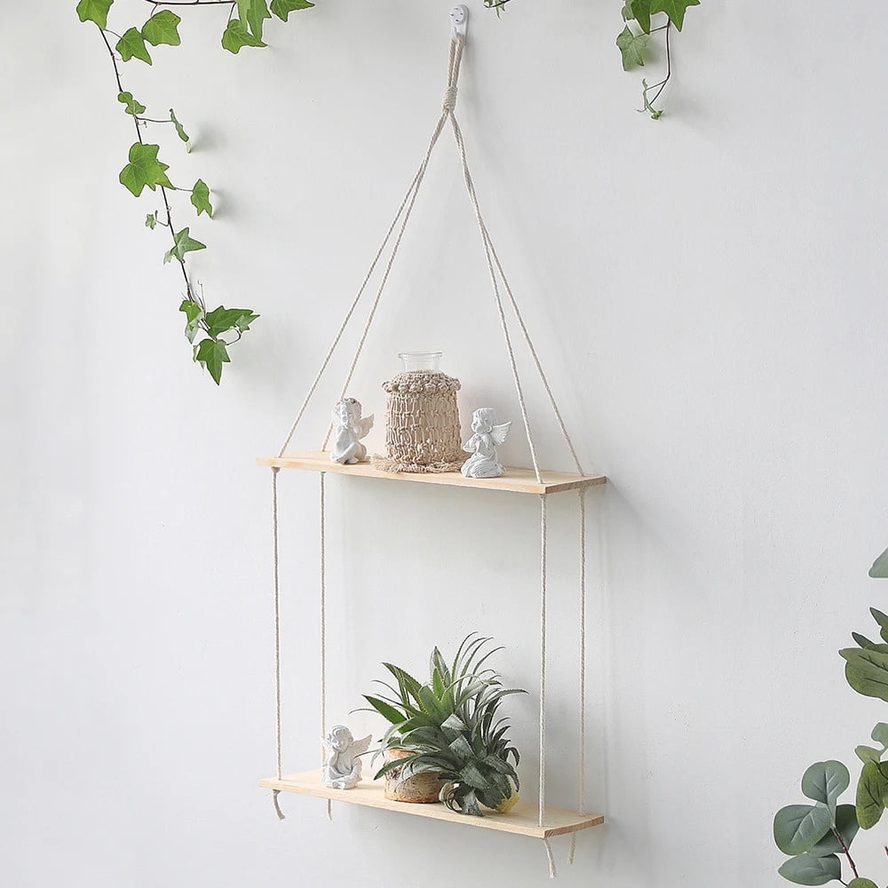 Wooden Wall Shelf Macrame Display Stand Boho Art Home Decoration ...