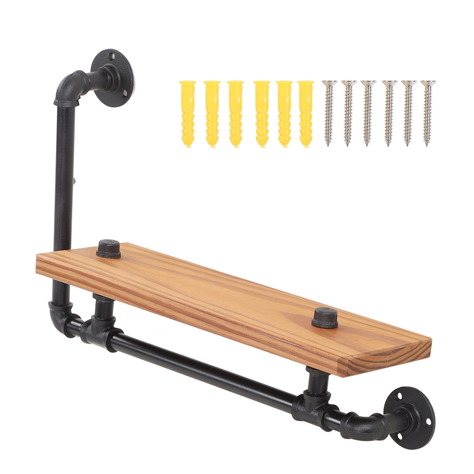 Wooden Wall Shelf with Wrought Iron Pipe Frame, Retro-Style Floating ...