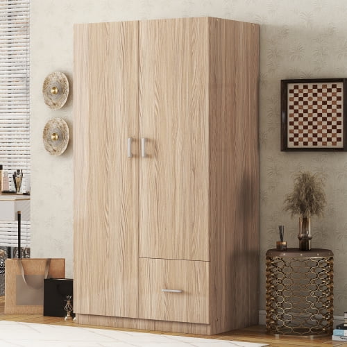 Wooden Wardrobe with Double Doors, Armoire with Hanging Rod, 5 Fixed ...