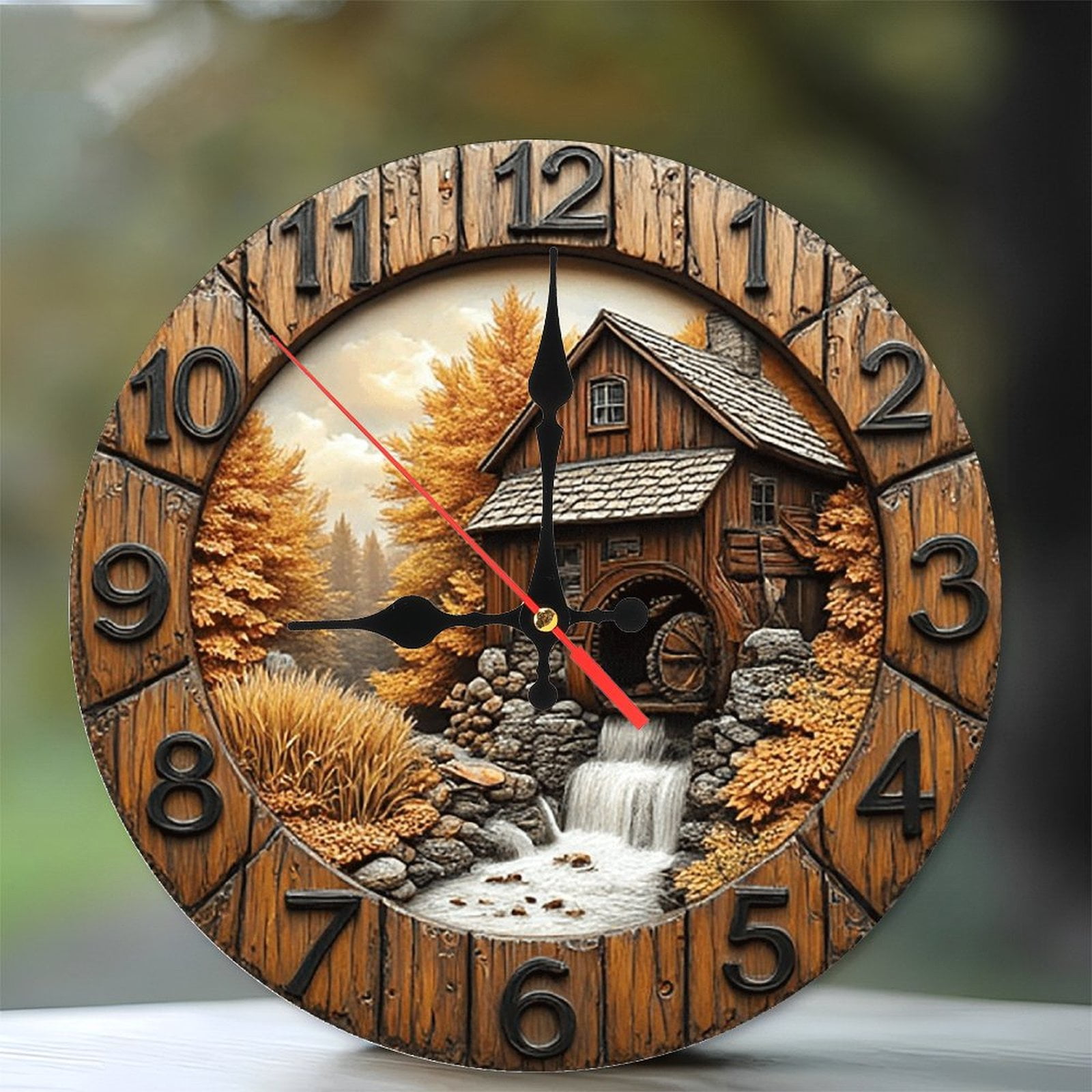 Wooden Watermill Waterfall Clock Rustic Wall Decor 10-Inch Silent ...