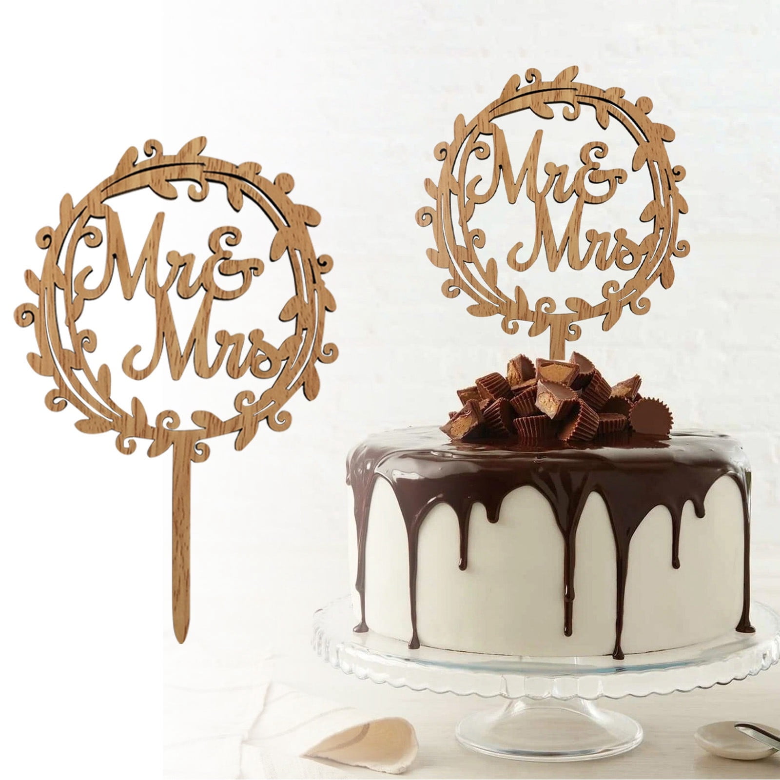 Wooden Wedding Cake Topper - Rustic Floral Wreath Design - Customizable ...