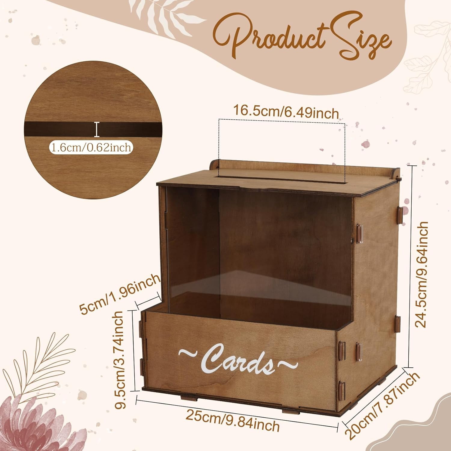 Wooden Wedding Card Box with Flower Trough, Brown Gift Card Box for ...