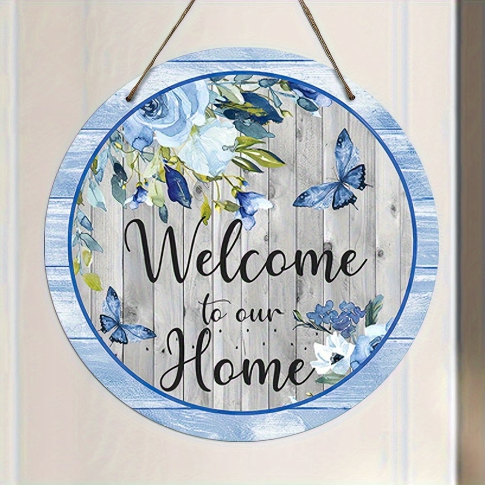 Wooden Welcome Sign - Round Door Decoration with Butterfly Design for ...