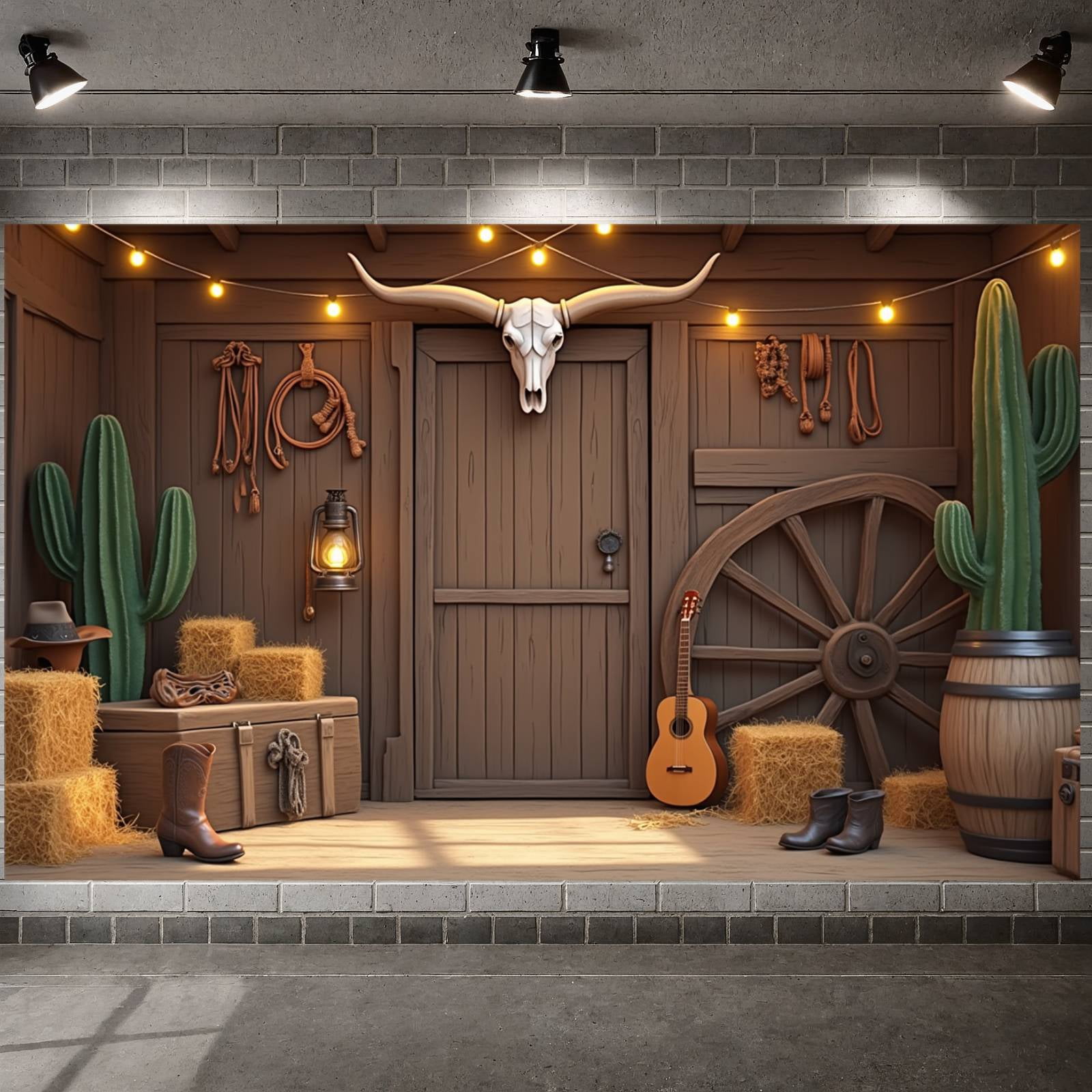 Wooden Western Cowboy Banner Cactus Pattern Wild West Display Cow Skull ...