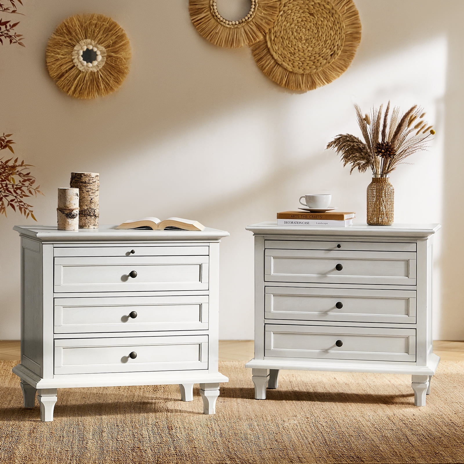 Wooden White Nightstands Set of 2 with Tray Shelf 3 Drawers Bedside ...