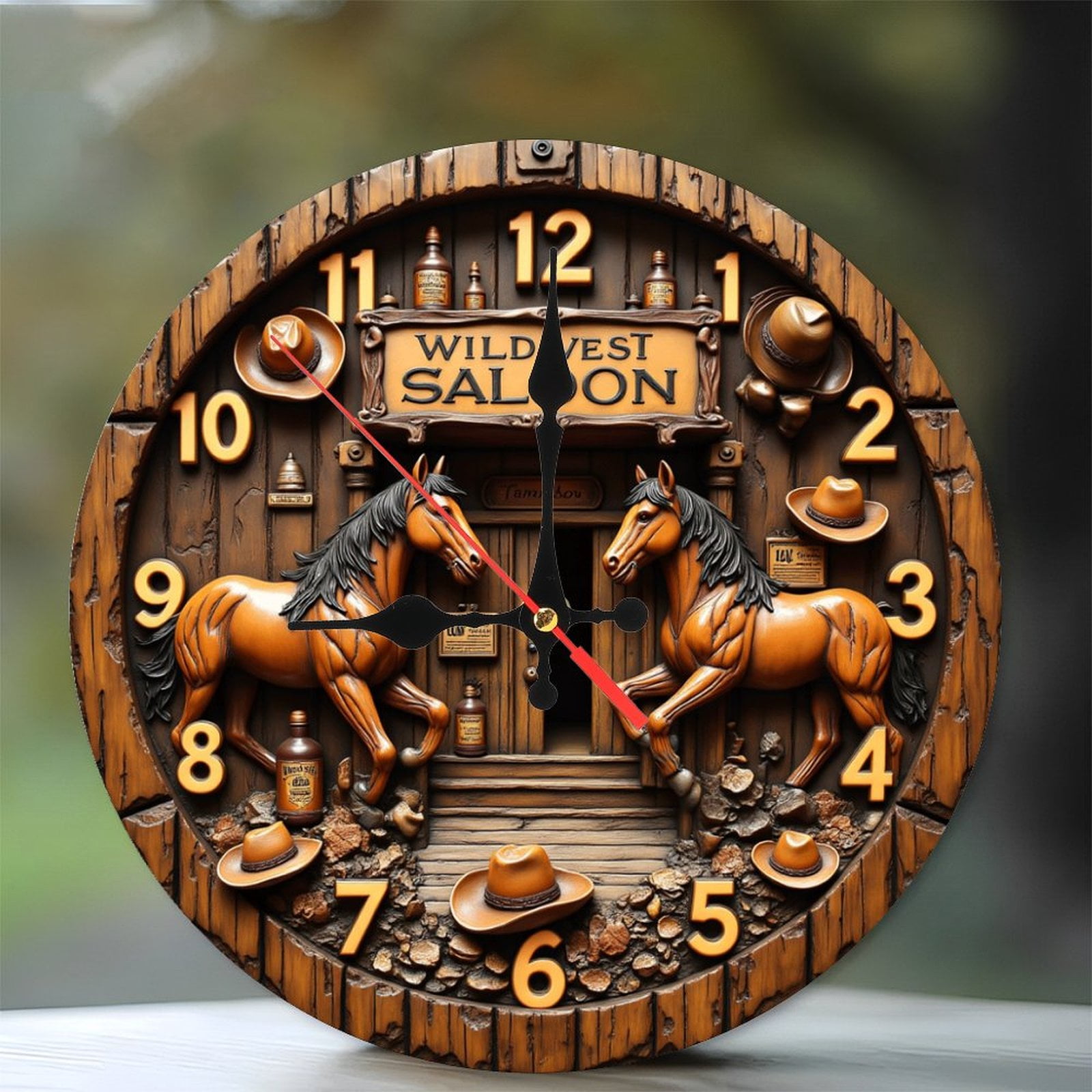 Wooden Wild West Saloon Horse Clock Wall Decor 10-Inch Silent Wooden ...